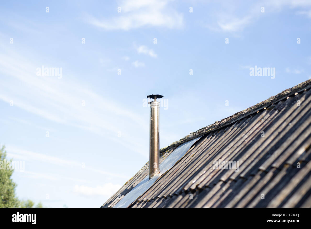 The pipe on the roof. Chimney. Country house. The house with a chimney ...