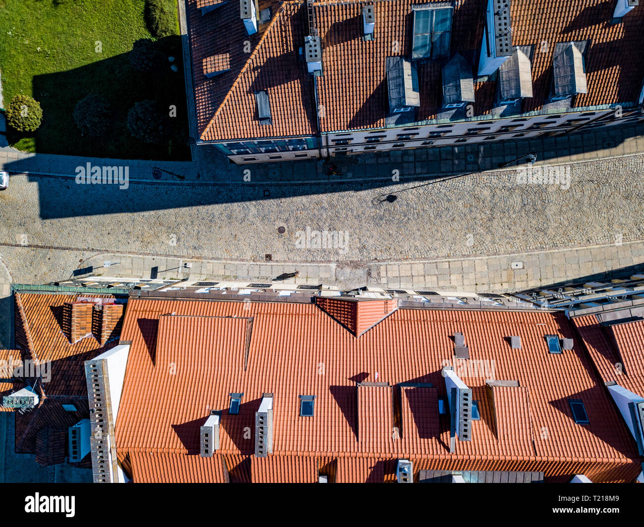 Aerial view of the red tiled roofs of the old town of Warsaw, Poland ...