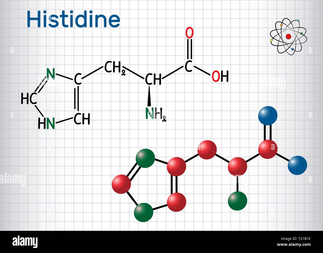 Histidine (L- histidine , His, H) amino acid molecule. It is used in ...