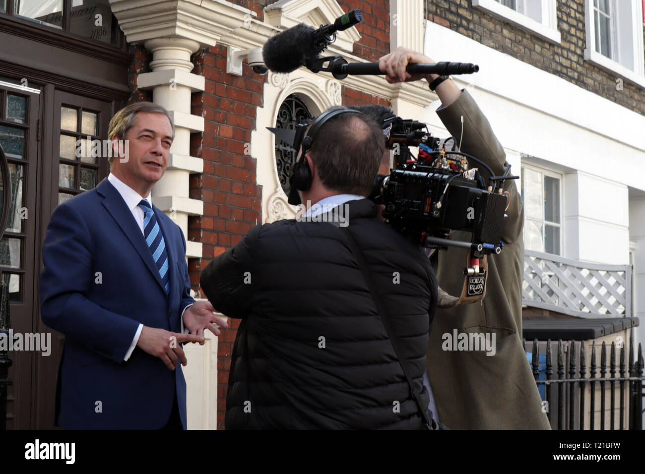 British politian Nigel Farage giving an interview to reporters Stock ...