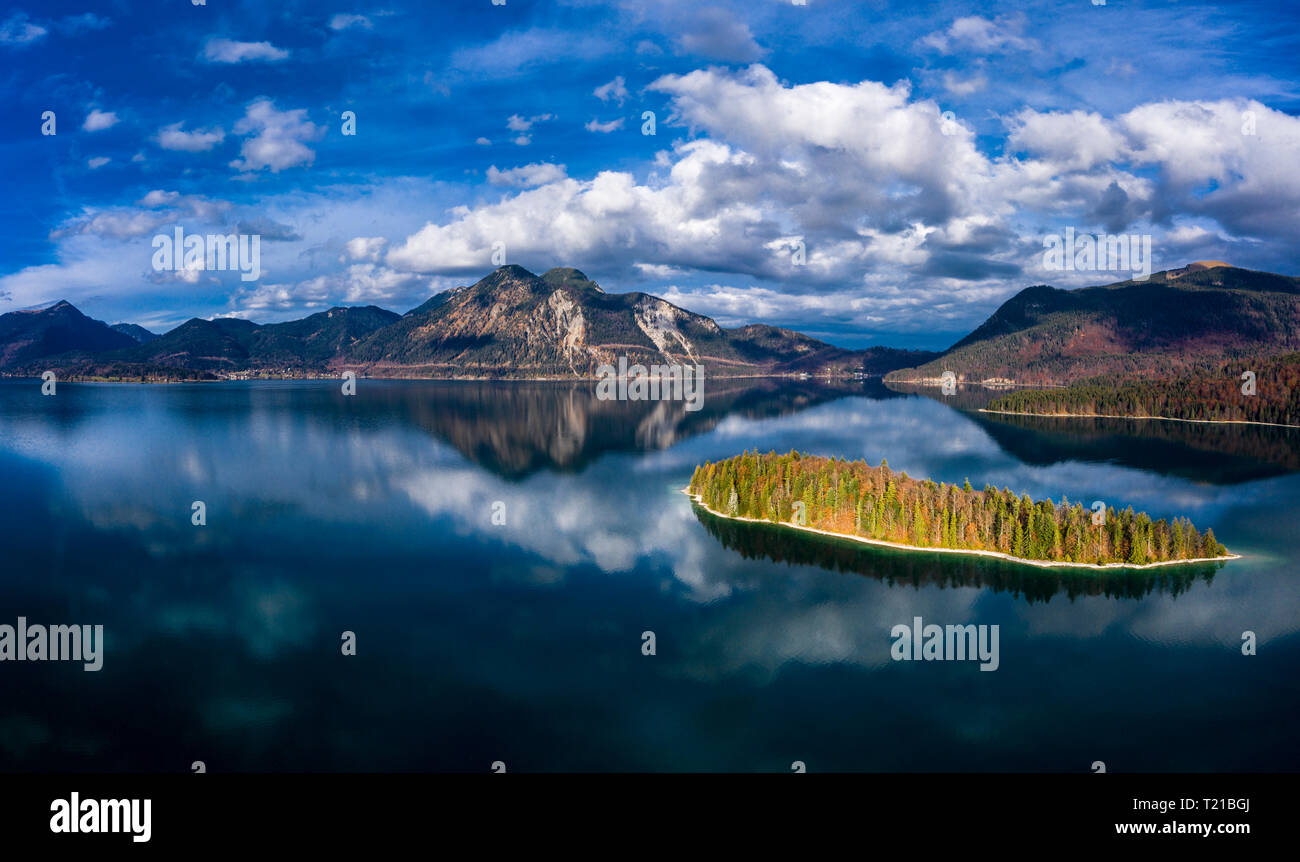 Germany, Upper Bavaria, Lake Walchen, Aerial view of Sassau Island ...