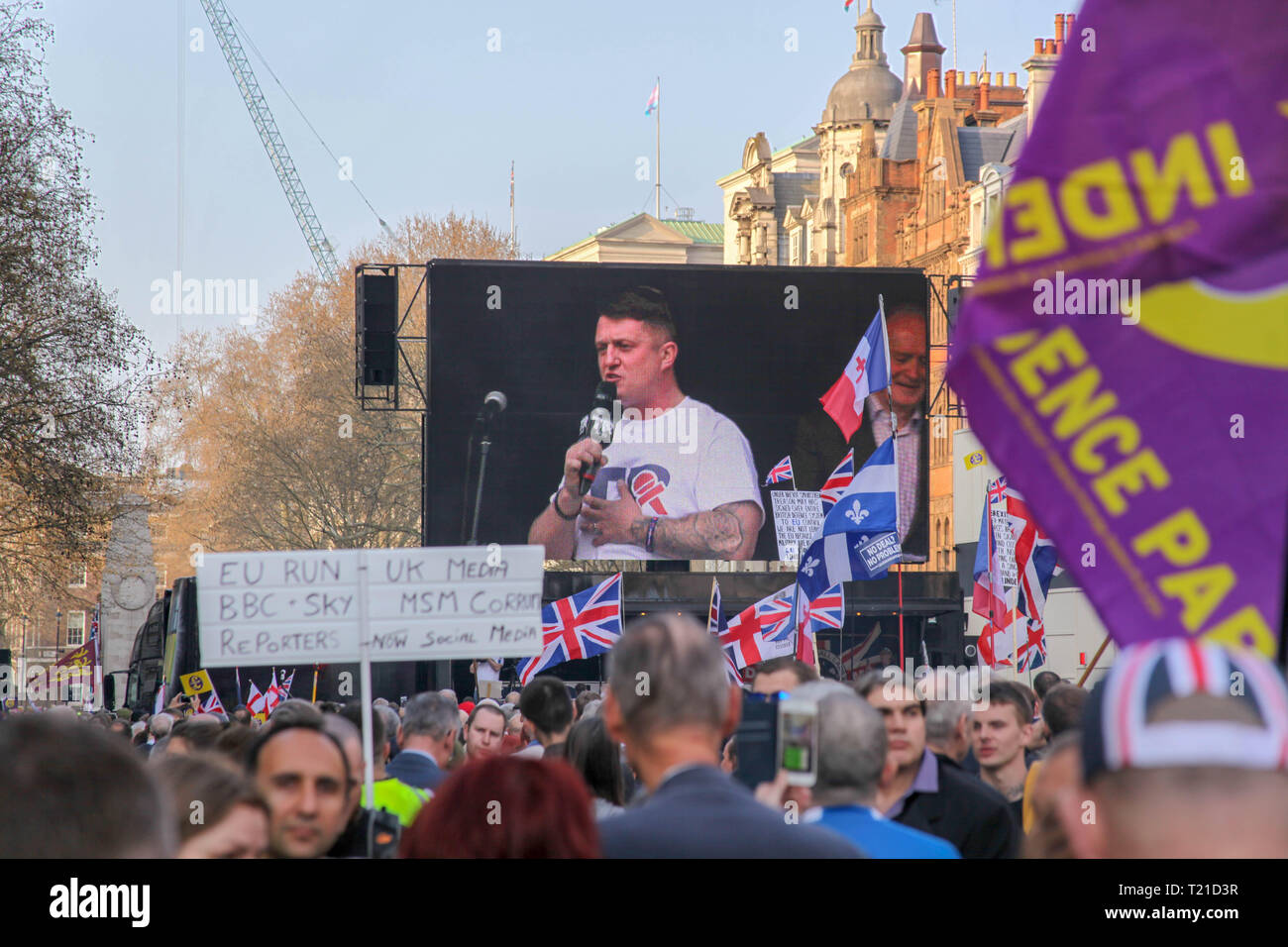 London, UK. 29th Mar 2019. Far-Right Activist Tommy Robinson gives ...