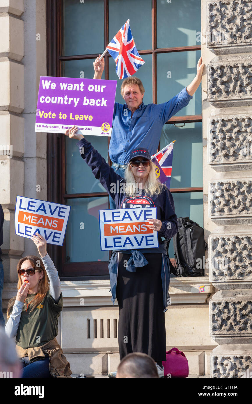 London, UK; 29th March 2019; Pro-Brexit Demonstrator s Holding Signs ...