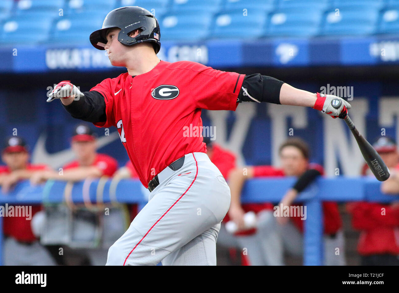 Lexington, KY, USA. 28th Mar, 2019. Georgia's Shane Marshall swings ...