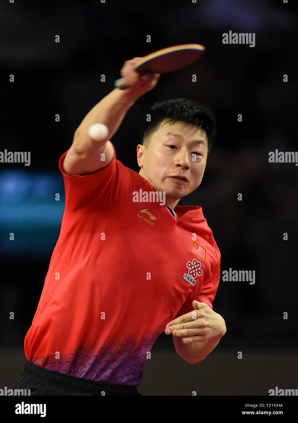 Doha. 30th Mar, 2019. Ma Long of China hits a return during the men's ...