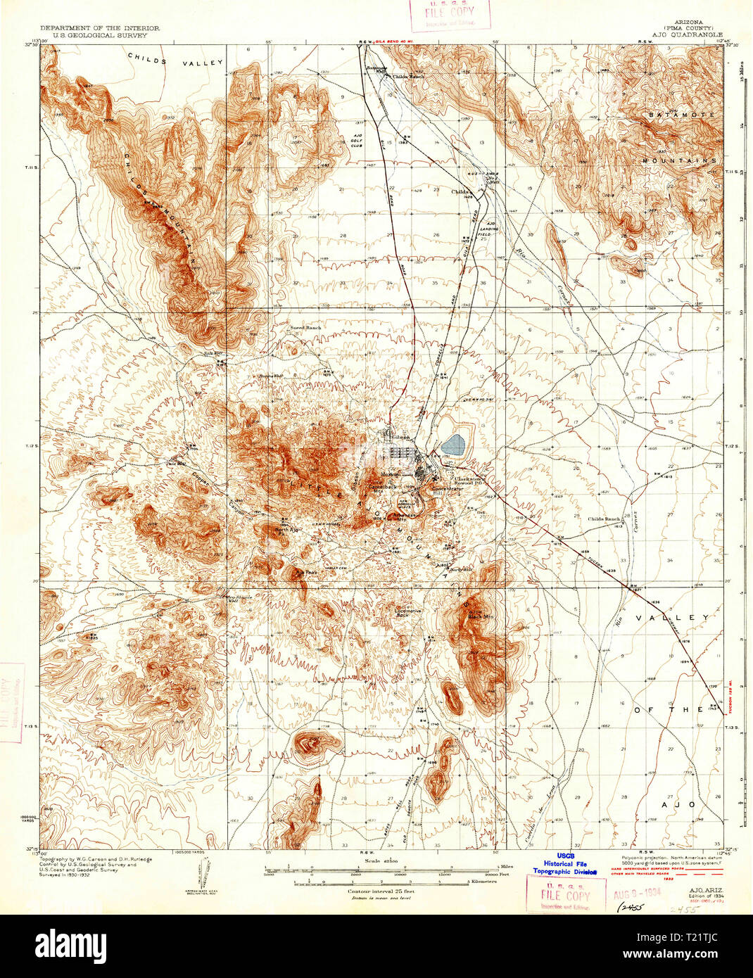 USGS TOPO Map Arizona AZ Ajo 314305 1934 62500 Restoration Stock Photo ...