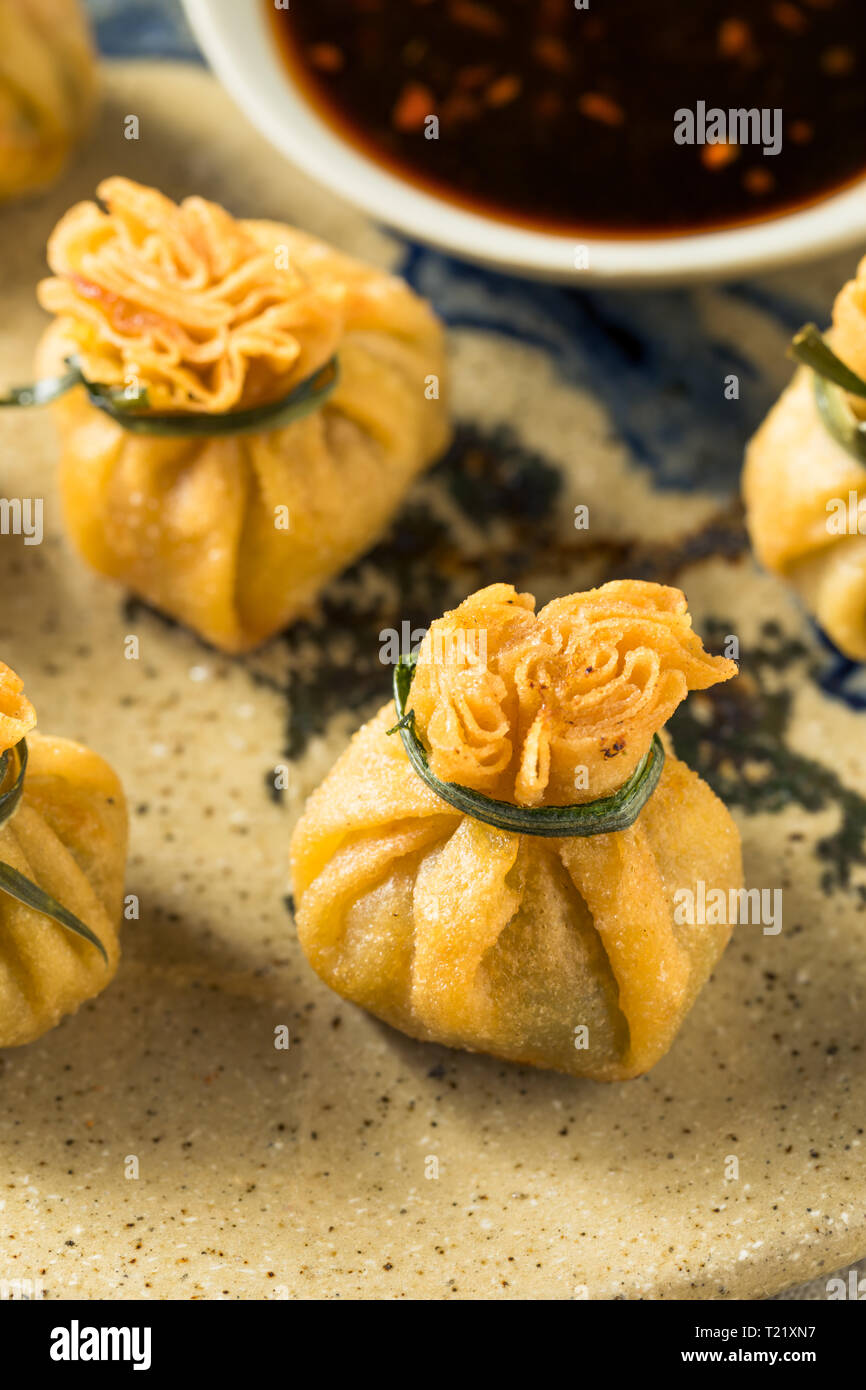 Homemade Deep Fried Shrimp Purse Dumplings with Soy Sauce Stock Photo ...