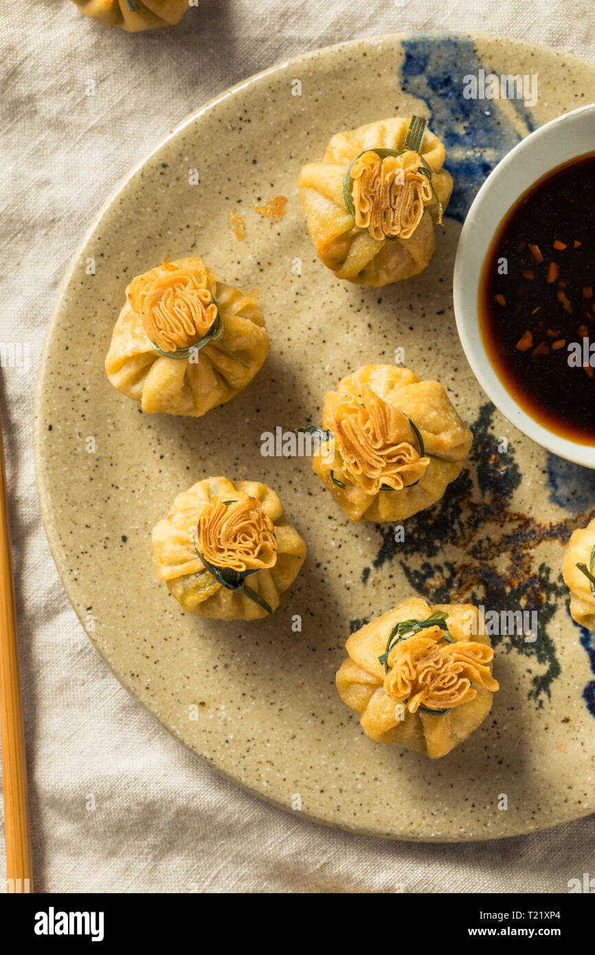 Homemade Deep Fried Shrimp Purse Dumplings with Soy Sauce Stock Photo ...