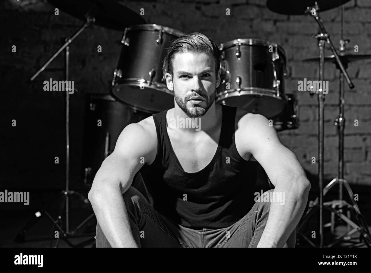 Beat of drums. Rock star or rocker. Enjoying instrumental music ...
