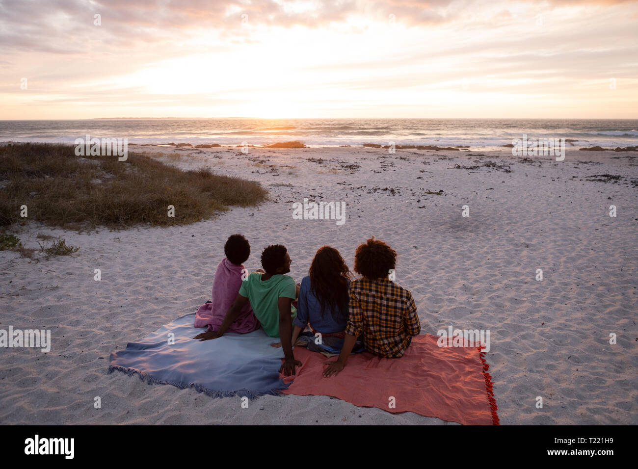 Friends group sitting on beach and looking away ocean Stock Photo - Alamy