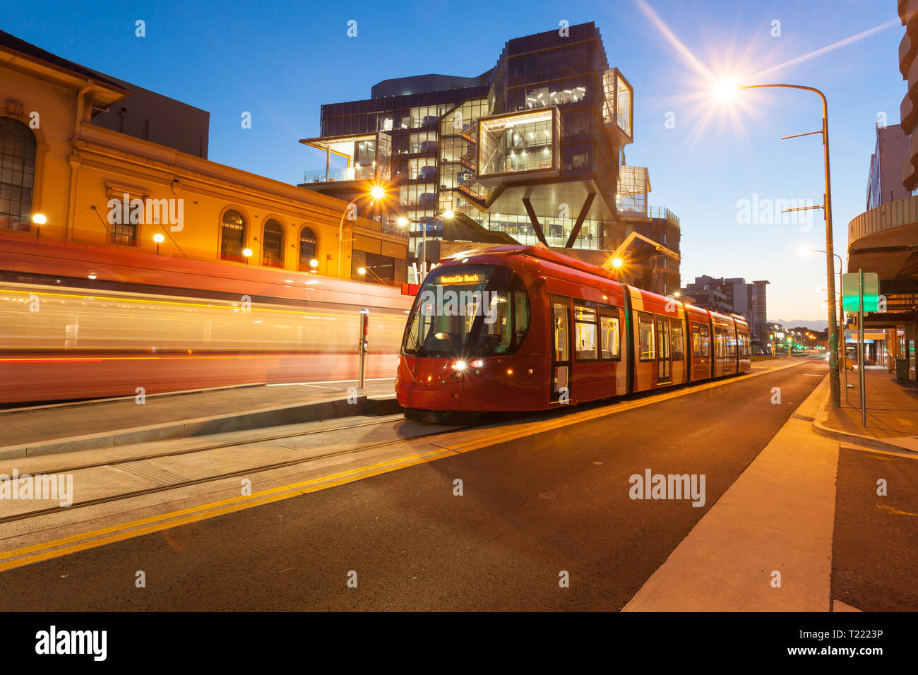 Newly installed light rail in Newcastle CBD Australia. Illuminated at ...