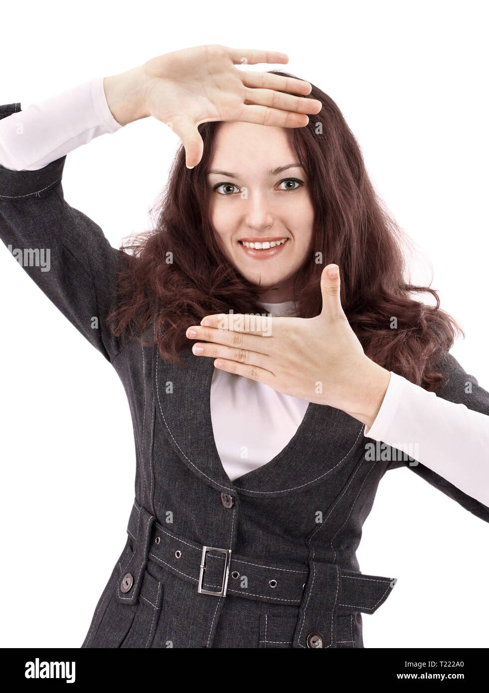 young business woman showing frame out of hand.isolated on white Stock ...