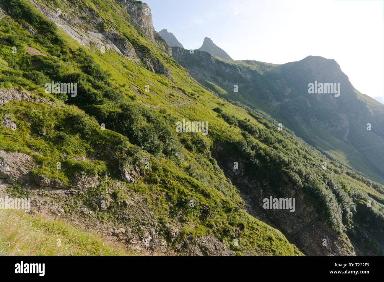 Idyllic summer landscape with hiking trail in the Alps with beautiful ...