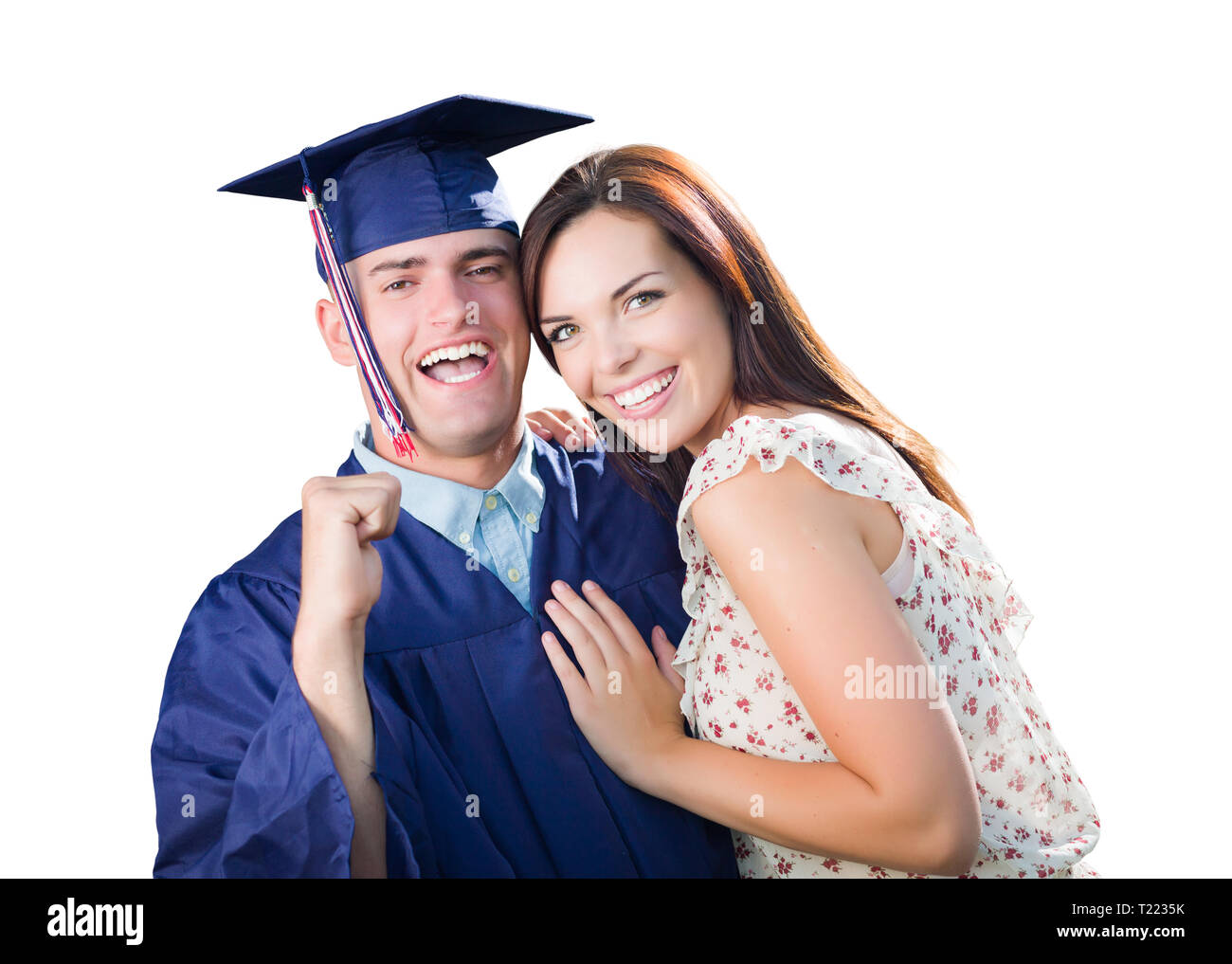 Proud Male Graduate In Cap and Gown with Pretty Girl Isolated on White ...