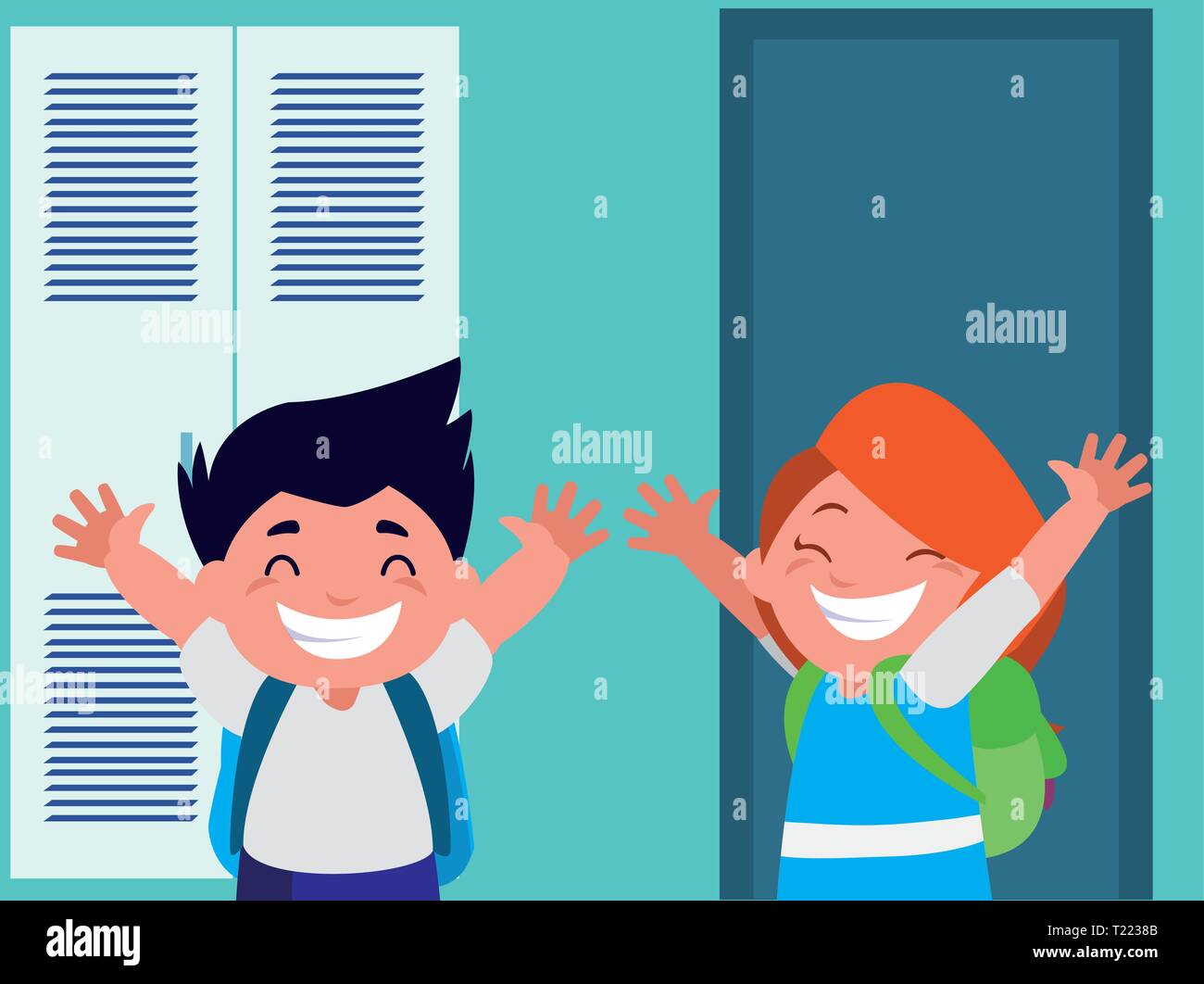 happy little school kids in the school corridor vector illustration ...