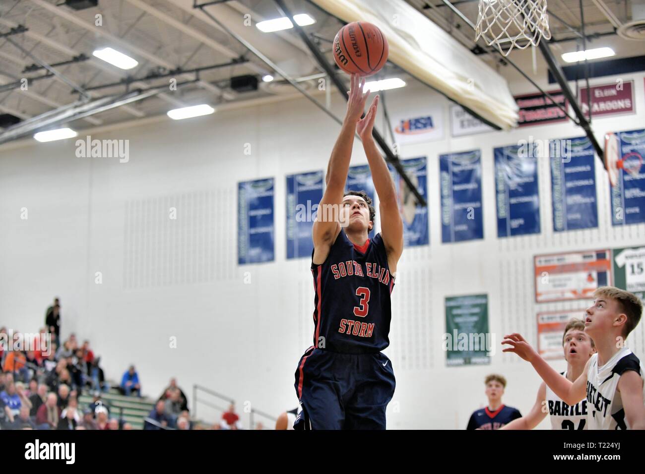 An airborne player finishing off a short shot USA Stock Photo - Alamy