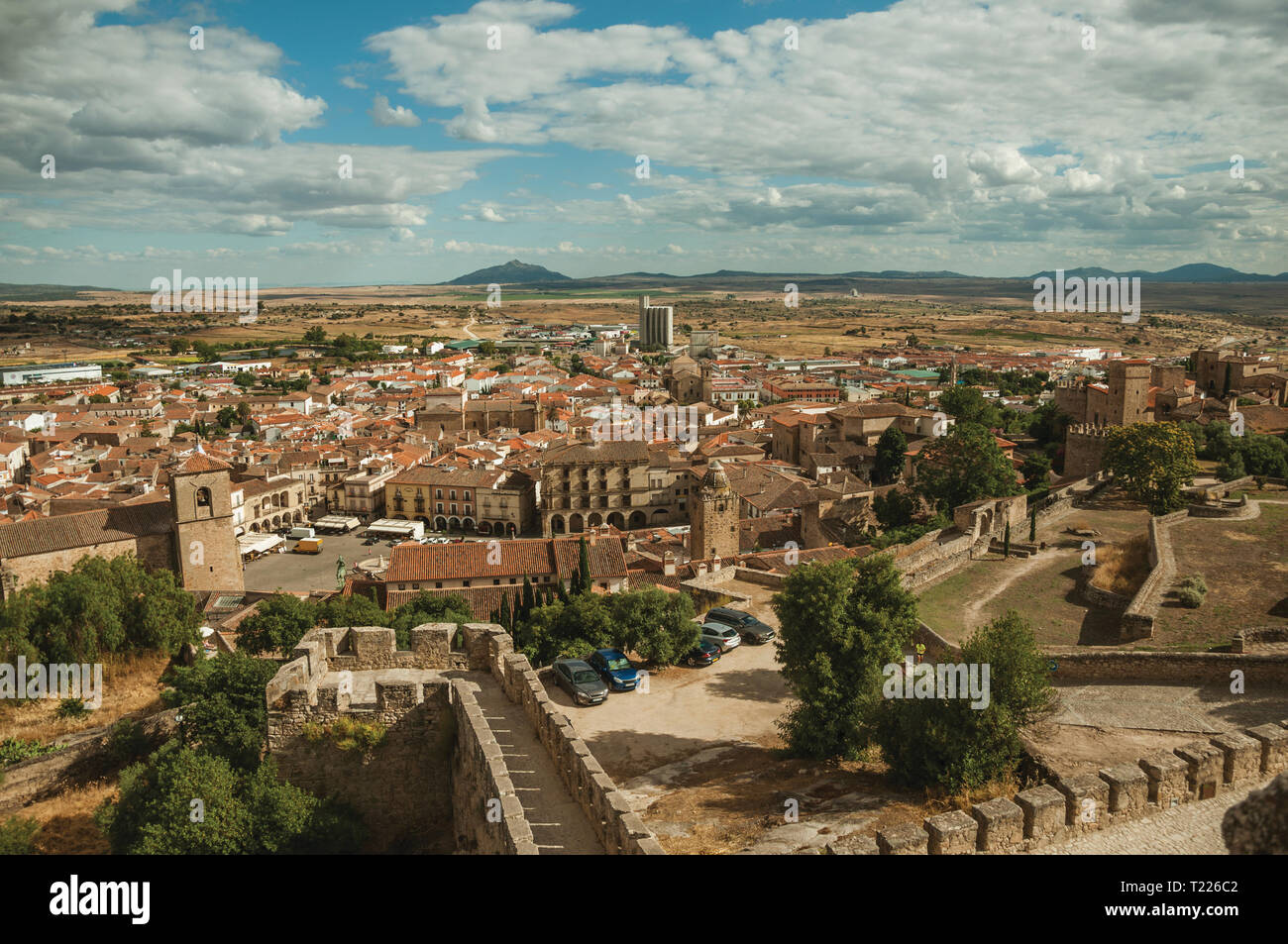 Old buildings, rooftops and steeple seen from a garth of the Castle at ...
