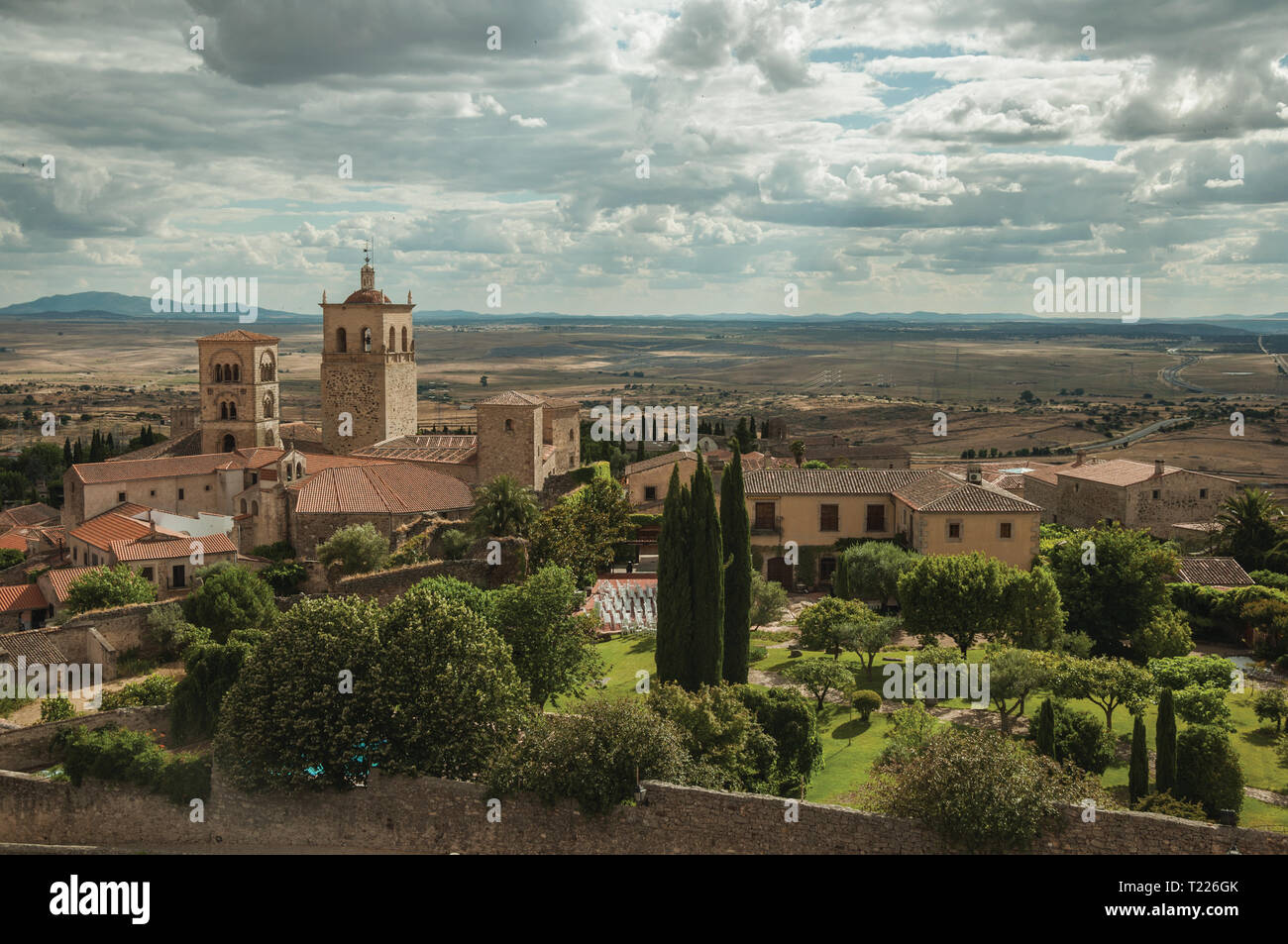 Old buildings with church steeples and gardens seen from the Castle of ...