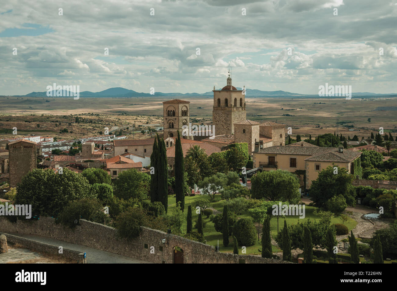 Old buildings with church steeples and gardens seen from the Castle of ...