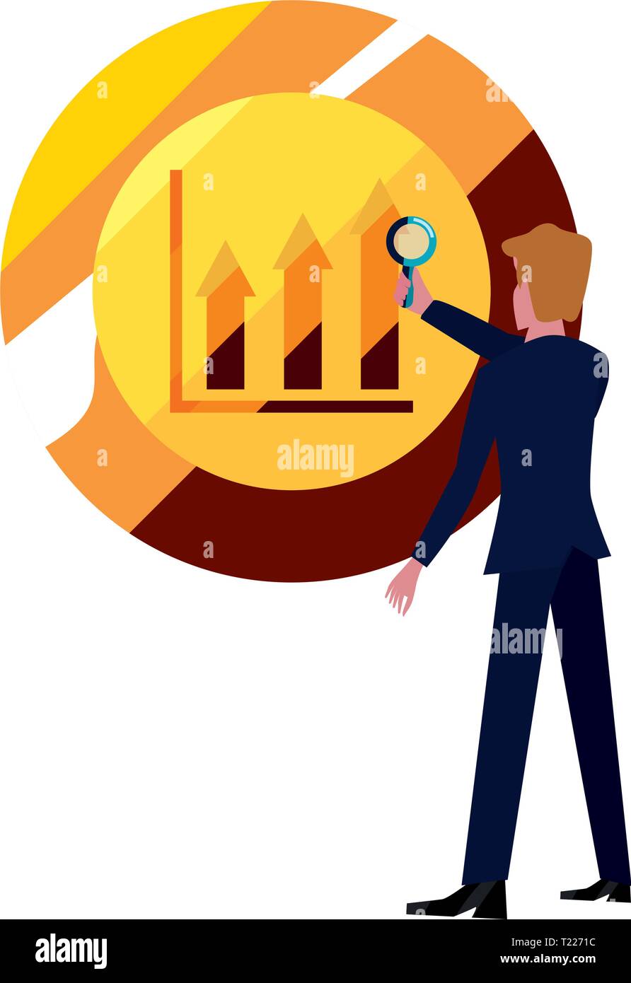 businessman with magnifier coin diagram vector illustration Stock ...