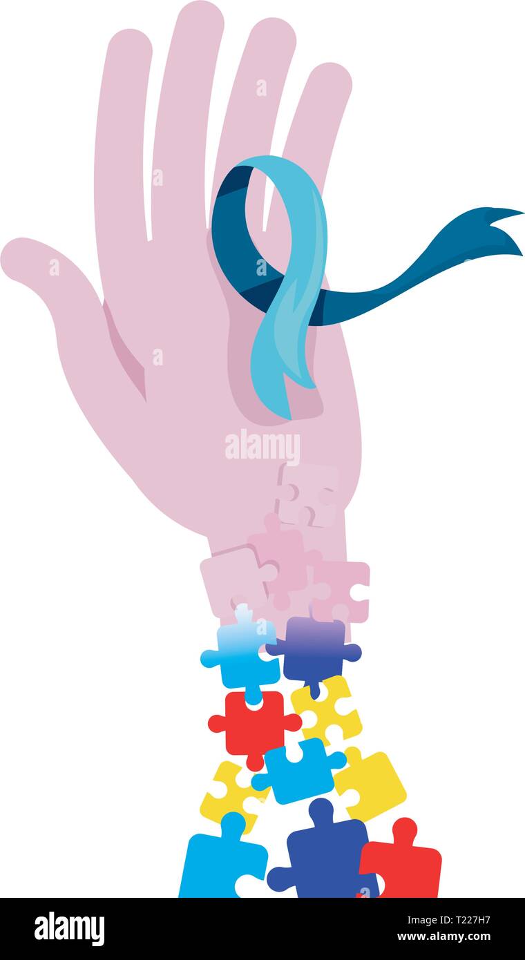 hand with ribbon puzzles autism awareness day vector illustration Stock ...