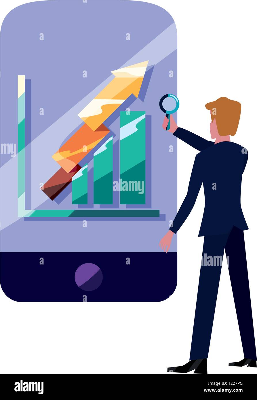 businessman cellphone report chart arrows vector illustration vector ...