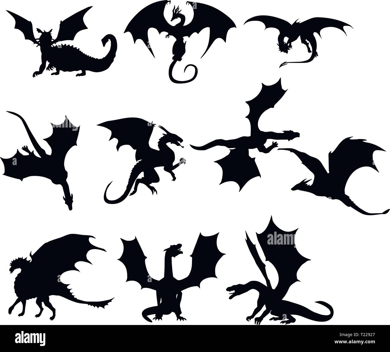 Ten stylized silhouettes of dragons in black and white Stock Vector ...
