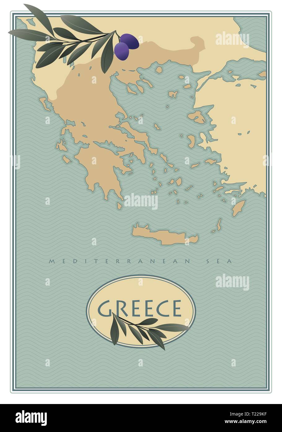 Greece map with olives, branches and olive leaves. Retro style Stock ...