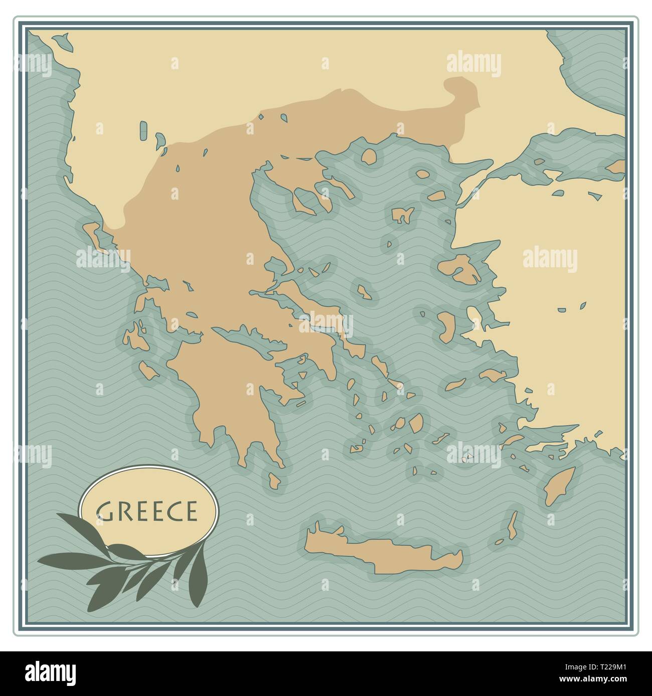 Greece map with olives, branches and olive leaves. Retro style Stock ...
