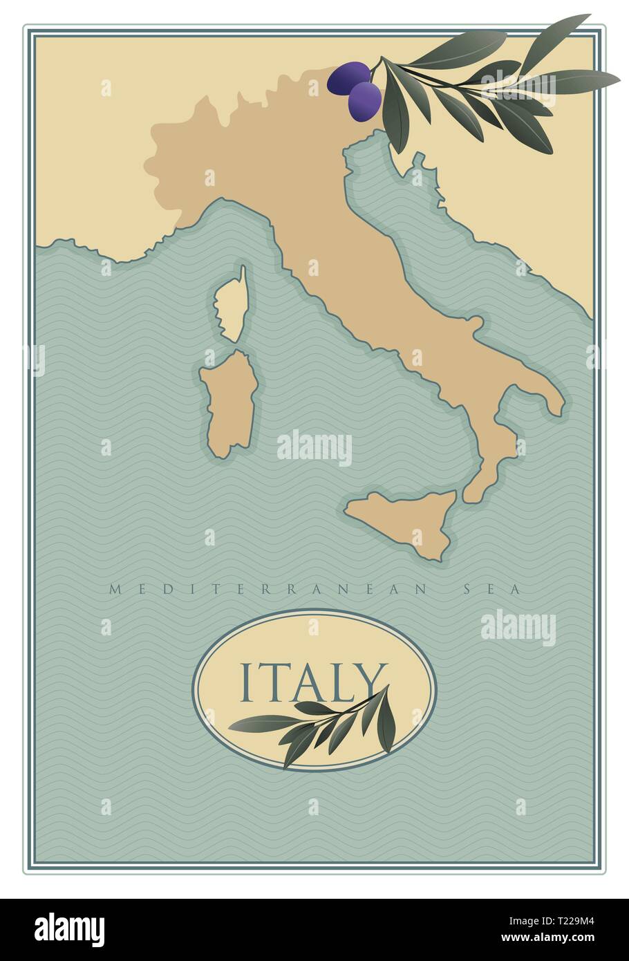 Italy map with olives, branches and olive leaves. Retro style Stock ...