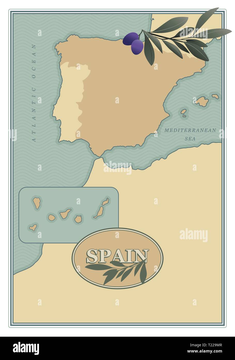 Spain map with olives, branches and olive leaves. Retro style Stock ...
