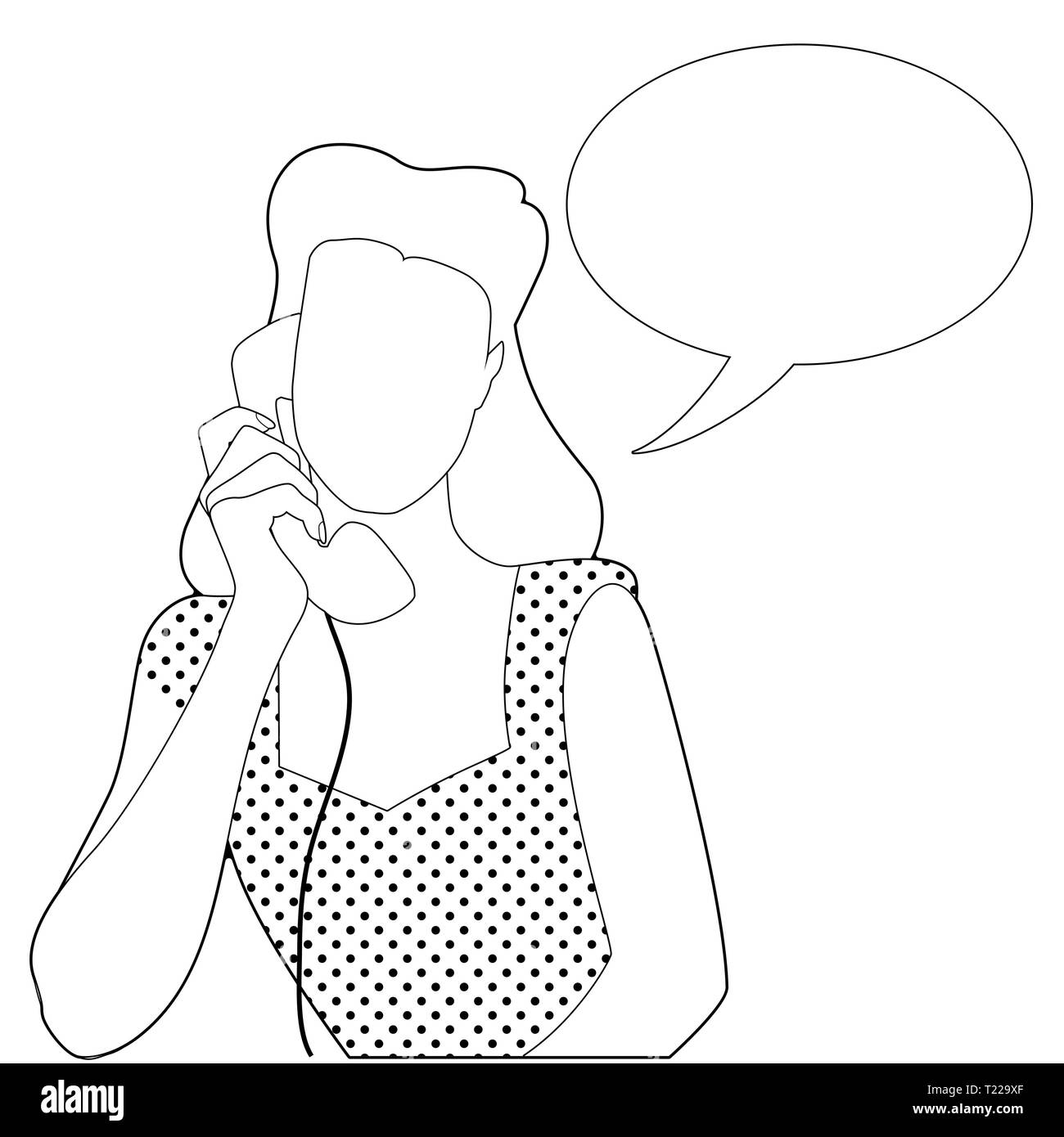 Woman on the vintage phone and blank speech balloon. Outlines Stock ...