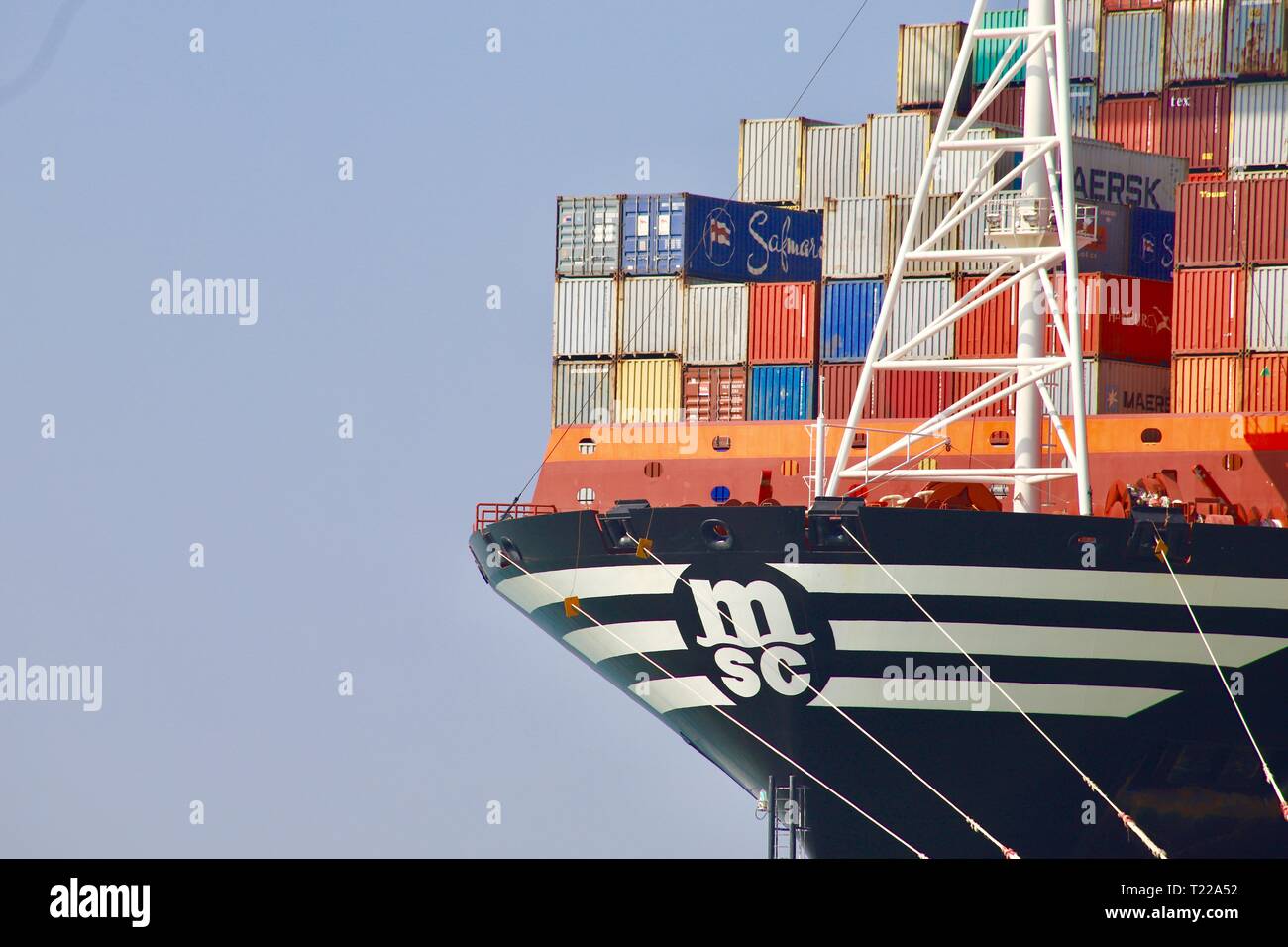 Container ship MSC Tina at the Port of Felixstowe. 29th March 2019 ...