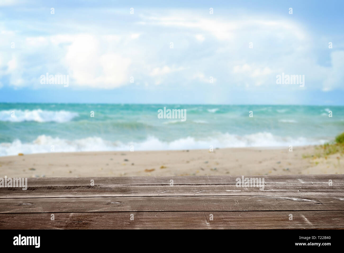 Wood table with tropical summer ocean seascape background Stock Photo ...