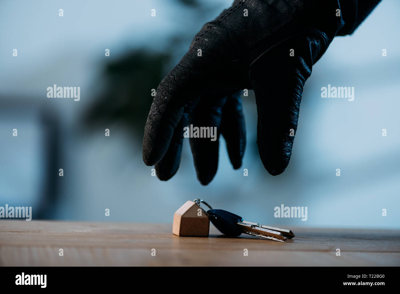 Partial view of thief in leather glove stealing keys Stock Photo - Alamy
