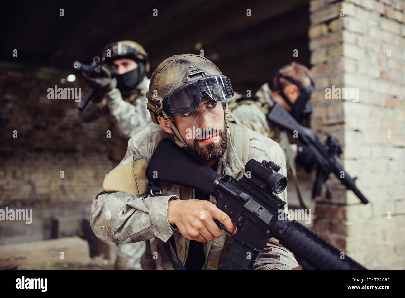 Army soldier action rifle holding military standing war hi-res stock ...