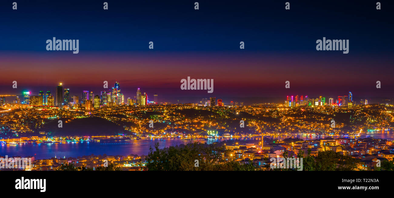 Istanbul night view of the city center. Skyscrapers, hotels and modern ...