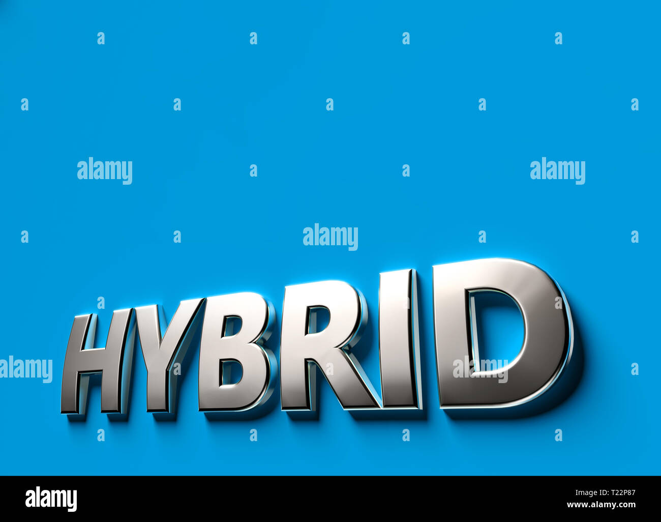 Hybrid 3D sign or logo concept placed on blue surface with copy space ...
