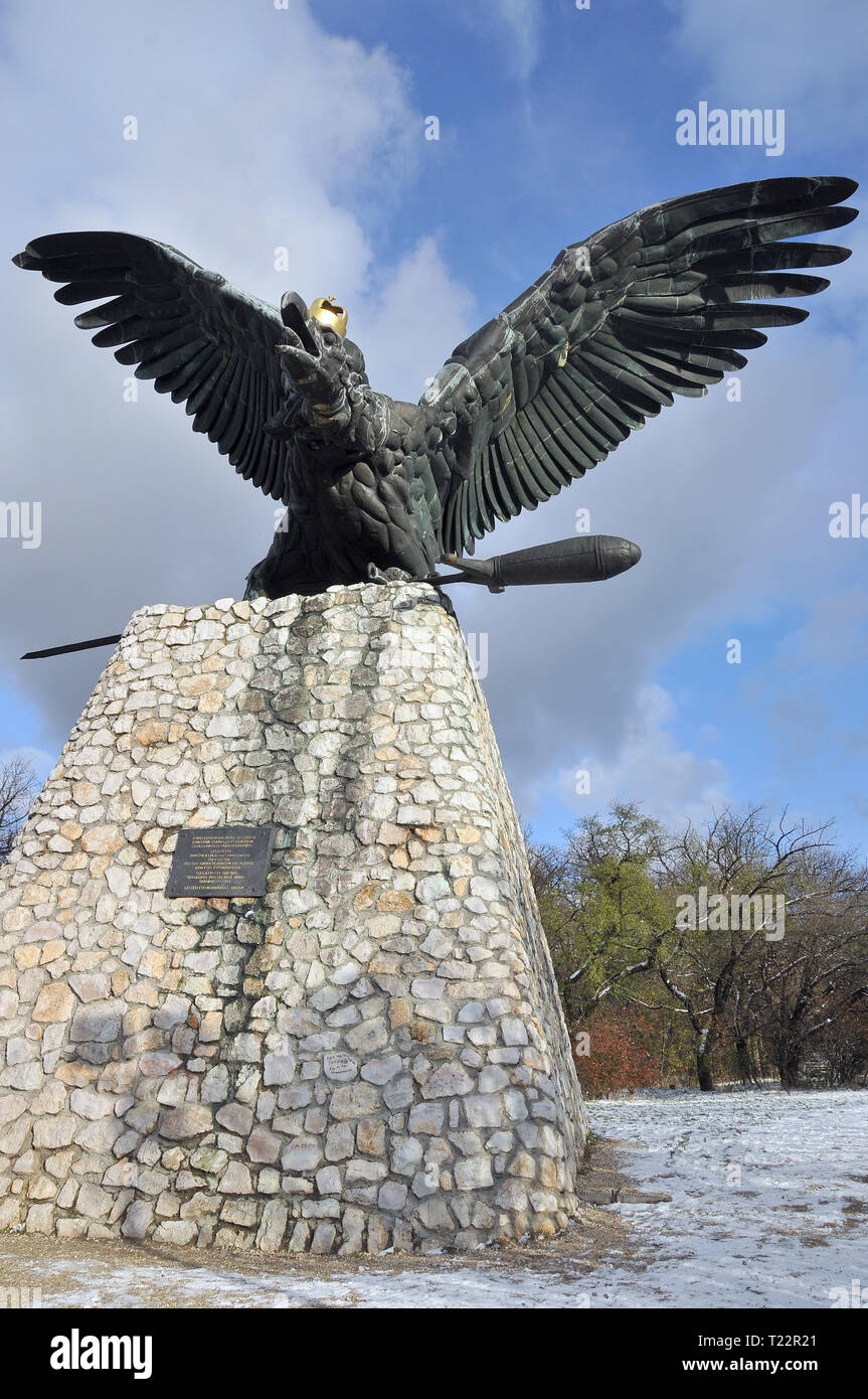 Turul bird statue on the mountain, Tatabanya, Hungary. Turul szobor ...