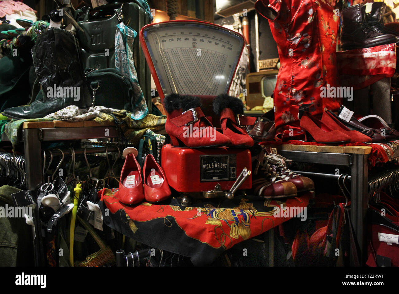 Vintage and second hand clothes. Retailer chain. Antique scale and ...