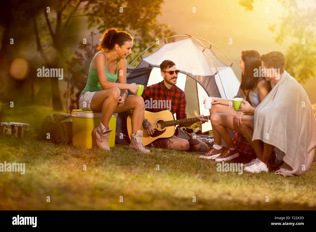 Two couples camping together, vacation and fun Stock Photo - Alamy