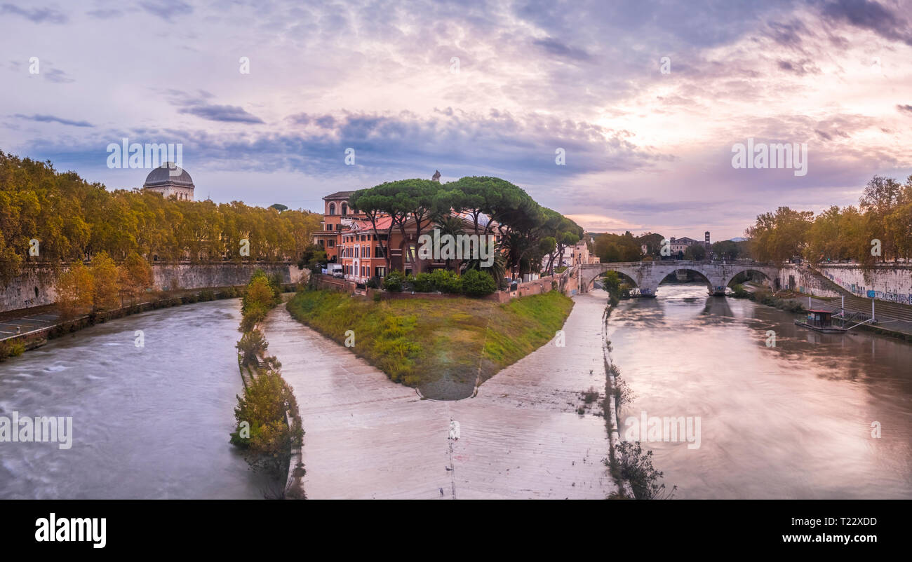 Italy, Rome, Panoramic view of Tiber Island and Ponte Cestio Stock ...