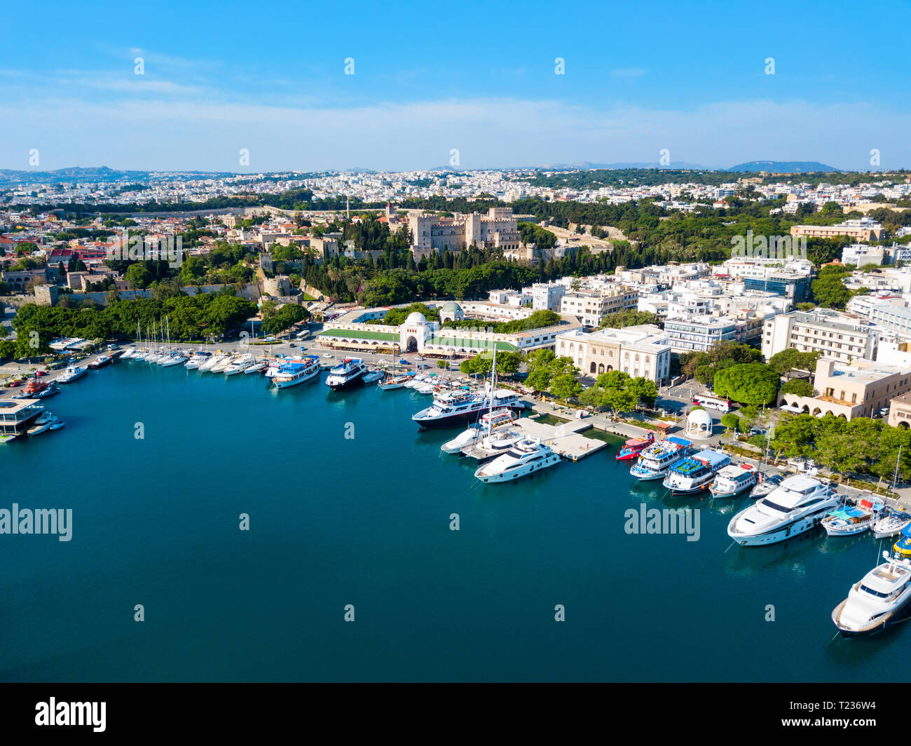 Mandraki port of Rhodes city harbor aerial panoramic view in Rhodes ...
