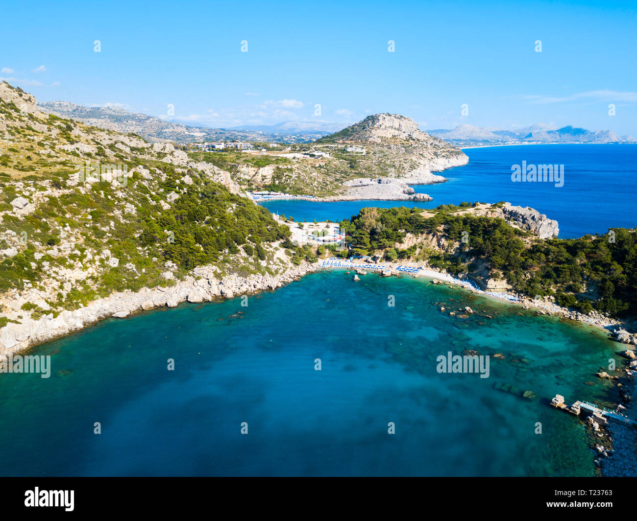 Ladiko beach and Anthony Quinn Bay aerial panoramic view in Rhodes ...