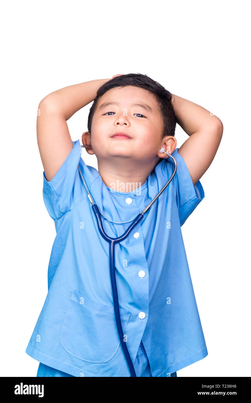 Smiling Asian Thai kid in blue medical uniform holding stethoscope ...