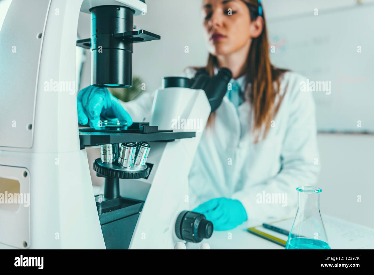 Scientist working in a laboratory, placing microscope slide on the ...