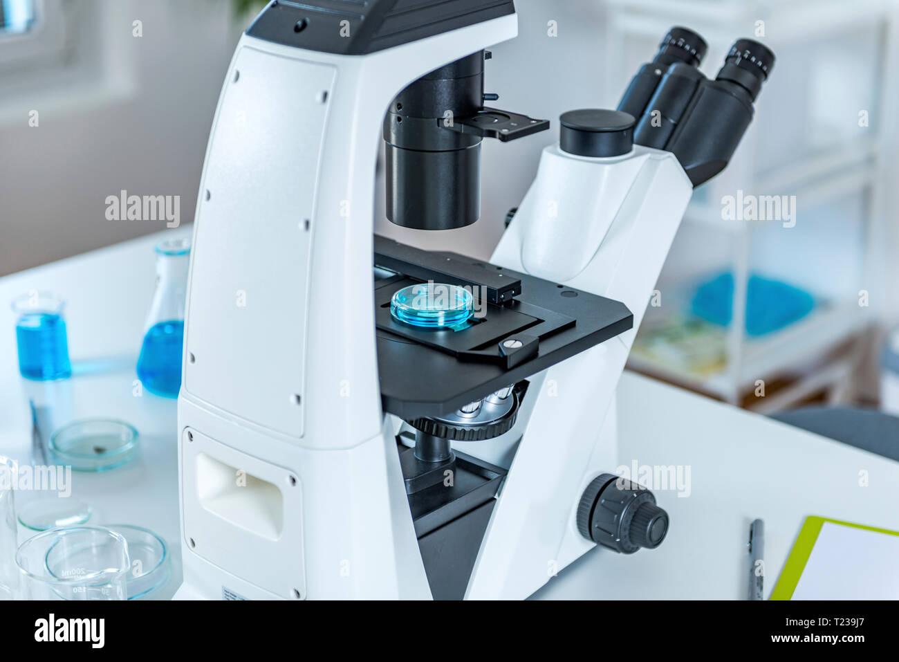 Microscope with sample in laboratory Stock Photo - Alamy