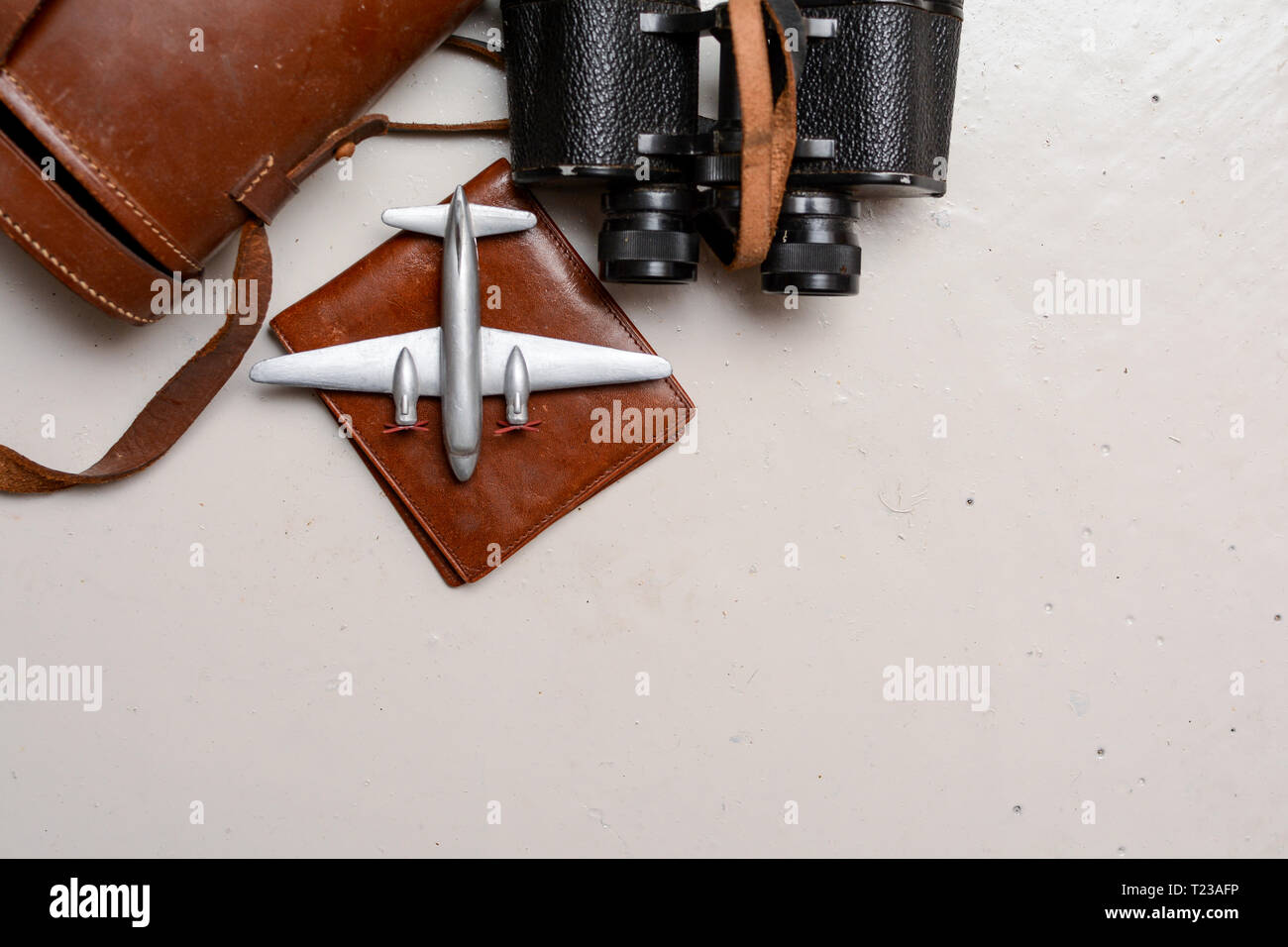 Vintage style travel objects in still life, top view Stock Photo - Alamy