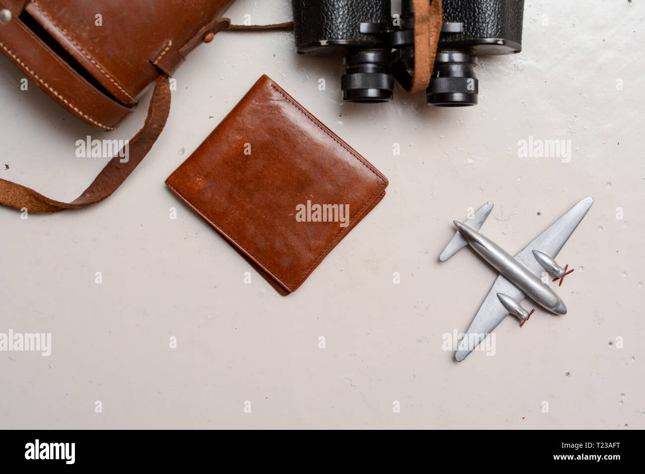 Vintage style travel objects in still life, top view Stock Photo - Alamy