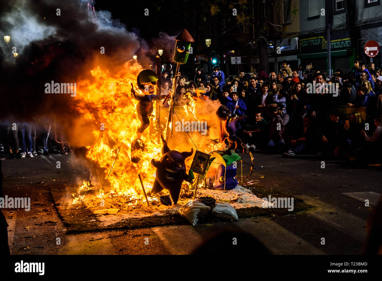 Valencia, Spain - March 19, 2019: Detail of a Falla Valenciana burning ...